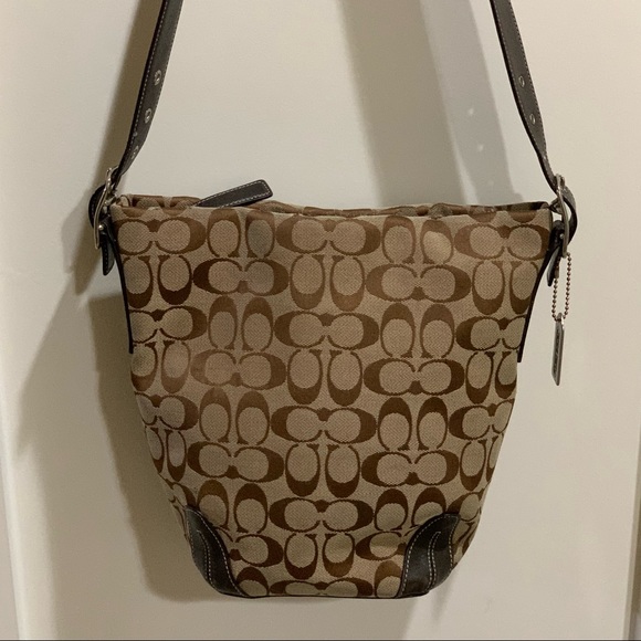 Coach | Bags | Authentic Coach Signature Monogram Bucket Purse Brown ...